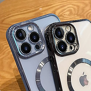 Uioeua Compatible with iPhone 14 Pro Max Magnetic Clear Case,Luxury Plating Bling Transparent Shockproof MagSafe Case with Full Camera Lens Protector for iPhone 14 Pro Max Women Girl Men-Sky Blue