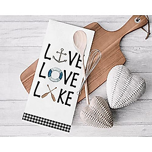 Seliem Live Love Lake House Kitchen Dish Towel Set of 2, Black White Buffalo Plaid Check Anchor Paddle Tea Bar Hand Drying Cloth, Spring Summer Farmhouse Happy Hour Decor Sign Home Decorations 18 x 28