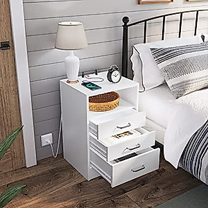 ADORNEVE Nightstand 3 Drawers with Open Storage,Side Tables Bedroom with Charging Station,Bedside Table with Drawers,White