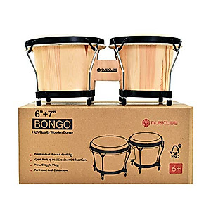MUSICUBE Bongo Drum Set with Tuning Wrench Professional Wooden Percussion Instrument for Beginner Adults Kids (Natural Skin)