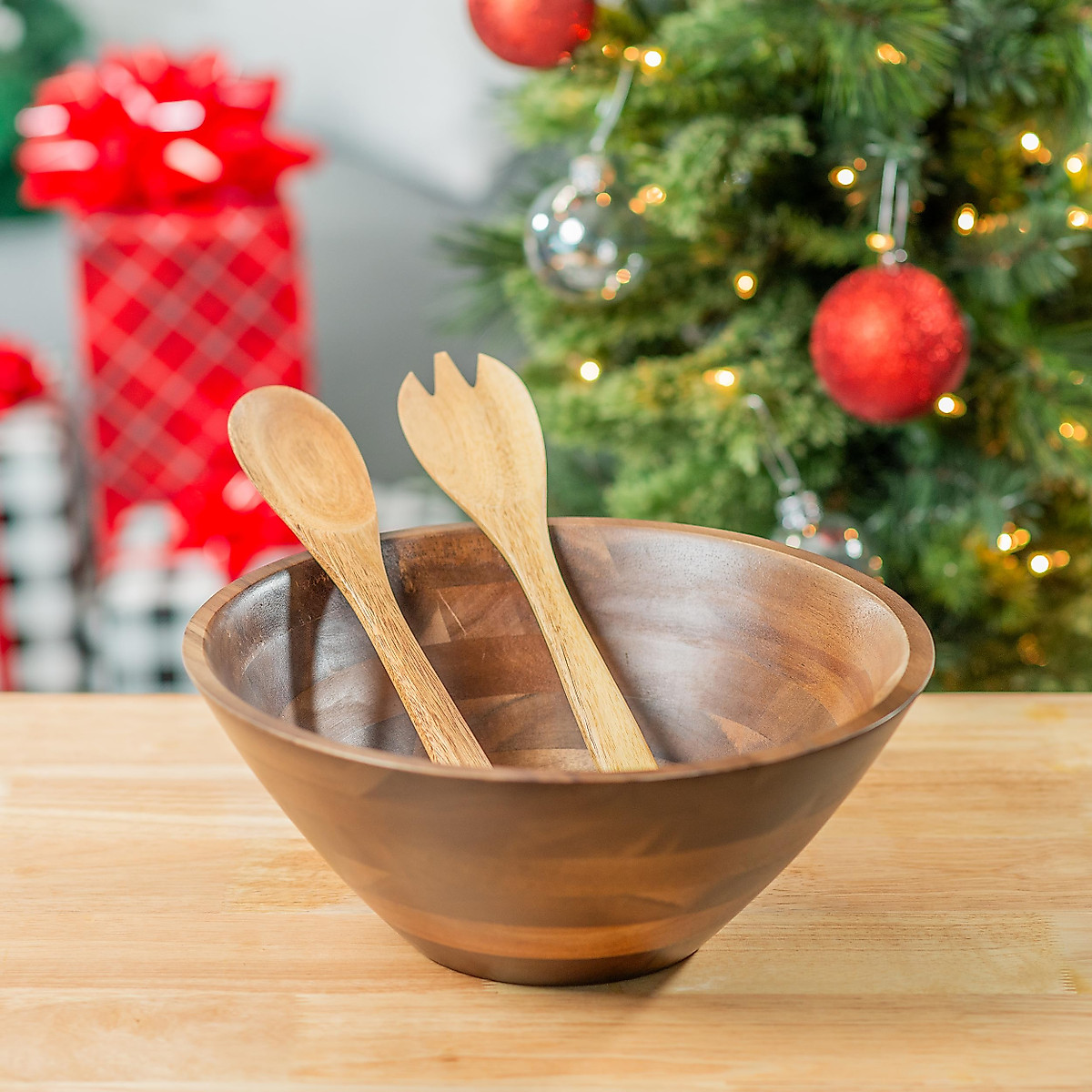Creekview Home Emporium Acacia Salad Bowl and Serving Utensil Set - Large Wooden Salad Bowl with Serving Spoon and Fork