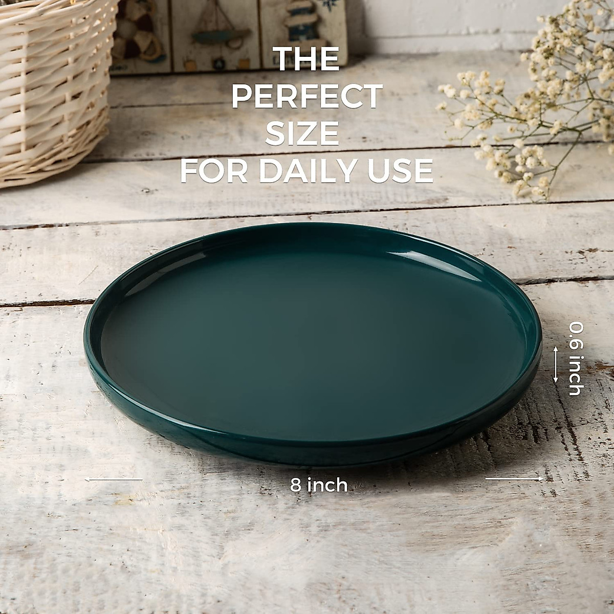 AmorArc Ceramic Plates Set of 6, 8.0 Inch Round Stoneware Salad Plates Use for Dessert, Salad, Appetizer etc,Microwave and Dishwasher Safe, Scratch Resistant Small Deep Dinner Plates-Green