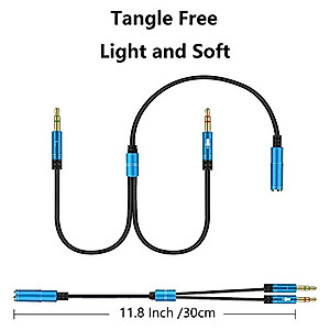 Headset Splitter Adapter for PC, Y Splitter Cable with Audio/Mic, 3.5mm Jack Headphone Adapter for Computer (Female to 2 Dual Male/Blue)