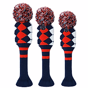 Golf Club Head Covers for Woods and Driver Fairway Hybrids Knit Set of 3 or 4 with Number Tag Pom Pom Clubs Headcovers for Men Women (3 Pack-Navy Blue&Red&White Argyles)