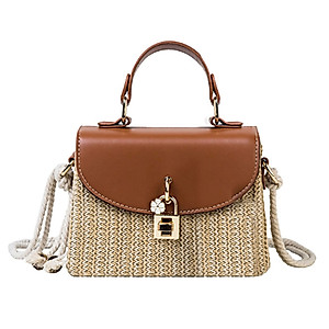 Meyaus Women Mini Lock Decoration Straw Woven Cross-body Shoulder Bag PU Leather Flap Top-handle Bag Handbag