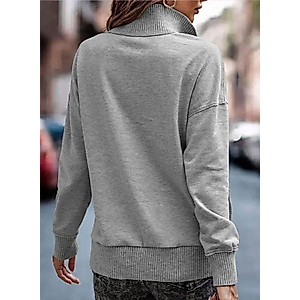 SHEWIN Sweatshirt For Women Loose Fit Casual Button V Neck Solid Lightweight Pullover Sweatshirts Long Sleeve Fall Tops with Pocket,US 8-10(M),Grey