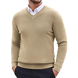 COOFANDY Men V Neck Dress Sweater Knit Long Sleeve Casual Slim Fit Pullover Sweater Khaki