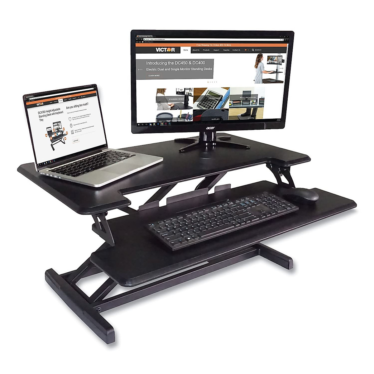 Victor DCX610 Height Adjustable Compact Standing Desk| Black| 33” Wide Sit-Stand Dual Monitor Desk and Laptop Riser Workstation| Compatible with Most Monitor Arms