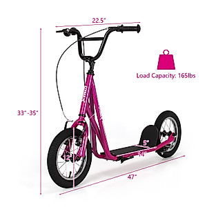 GYMAX Scooter, Kids & Adults Off-Road Scooter with 12" Inflatable Wheels, Adjustable Height Handlebar, V-Type Handbrakes & Axle Pegs for All Terrain, 8+ (Pink)