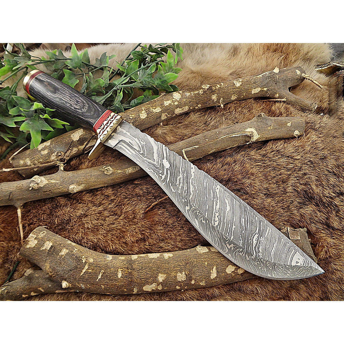 Damascus Steel Hunting Bowie Knife 14.5 Inches Custom Made Hand Forged with 10" Blade, 2 Tone Green Wood with Engraved Brass Scale, Thick Cow Hide Leather Sheath with Belt Loop (Black)