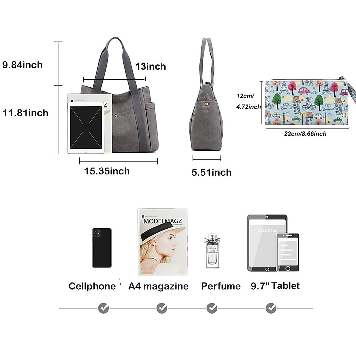 JIANLINST Women's Canvas Tote Handbags Multi-pocket Retro Casual Shoulder Bag Top Handle Satchel Tote Purse Black