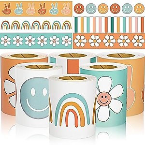 Whaline 196.8ft Groovy Retro Bulletin Board Borders Boho Rainbow Flower Face Victory Sign Die-Cut Bulletin Board Stripes Colorful Boho Rolled Bulletin Board Trim for School Classroom Office Decor