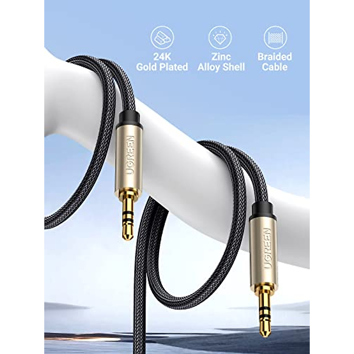 UGREEN 3.5mm Audio Cable Hi-Fi Stereo Double Layer Shielding Nylon Braided with Silver-Plating Copper Core, Zinc Alloy Male to Male Aux Cord Tangle-Free for Audiophile Musical Lovers, 6.5ft
