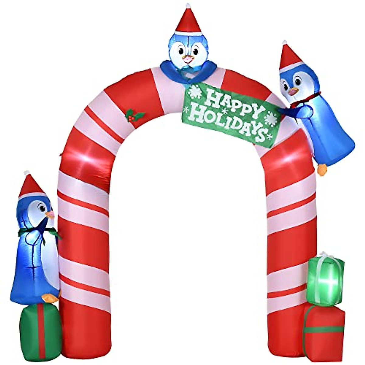 Outsunny 8ft Christmas Inflatables Outdoor Decorations Candy Cane Archway with Three Penguins and Gift Boxes, Blow-Up LED Yard Christmas Decor for Lawn Garden