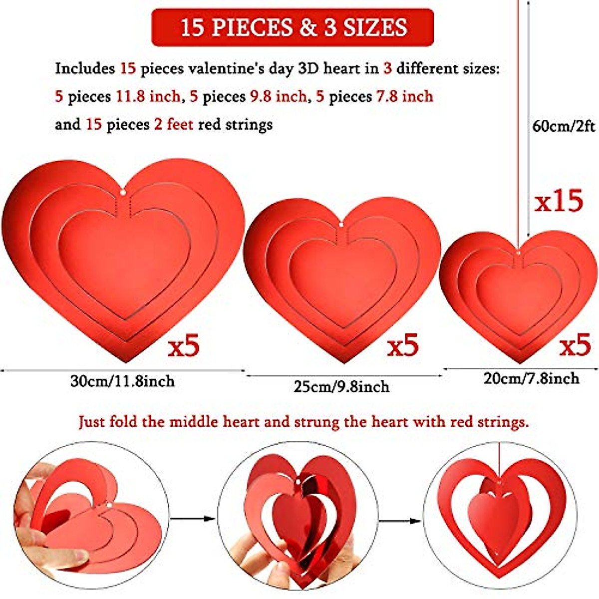 PTFNY 15 Pieces Valentine's Day 3D Heart Hanging Decorations Red Hearts Hanging Ornaments with Red Ribbons Party Supplies for Indoor Outdoor Bridal Shower Anniversary Wedding Party Decorations