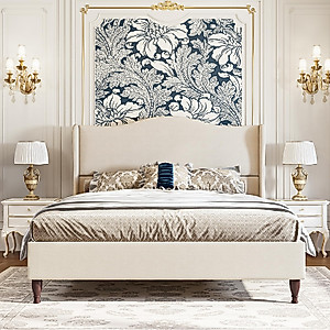 koorlian Queen Size Bed Frame Upholstered Platform Bed with 51" Tall Headboard Wingback, Soft Fabric, Retro Simple Style Platform Bed No Box Spring Needed, Easy Assembly, Beige