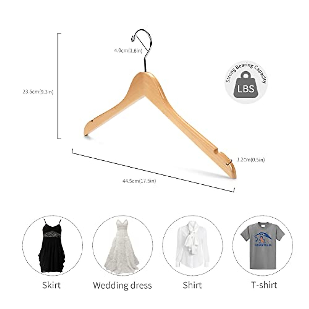 Nature Smile Solid Gugertree Wood Shirt and Dress Hangers with Notches with Anti-Rust Chrome Hook Pack of 10 (Natural)