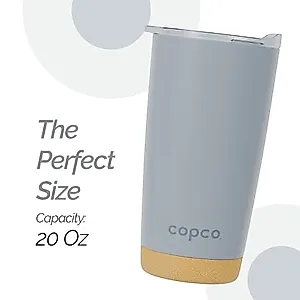 Copco Insulated Stainless Steel Travel Tumbler with Cork Bottom, 20oz, Double Wall, Leak-Proof BPA-Free Lid, Portable Reusable Travel Coffee Mug for Hot and Cold Beverages, Spill-Proof (Gray)