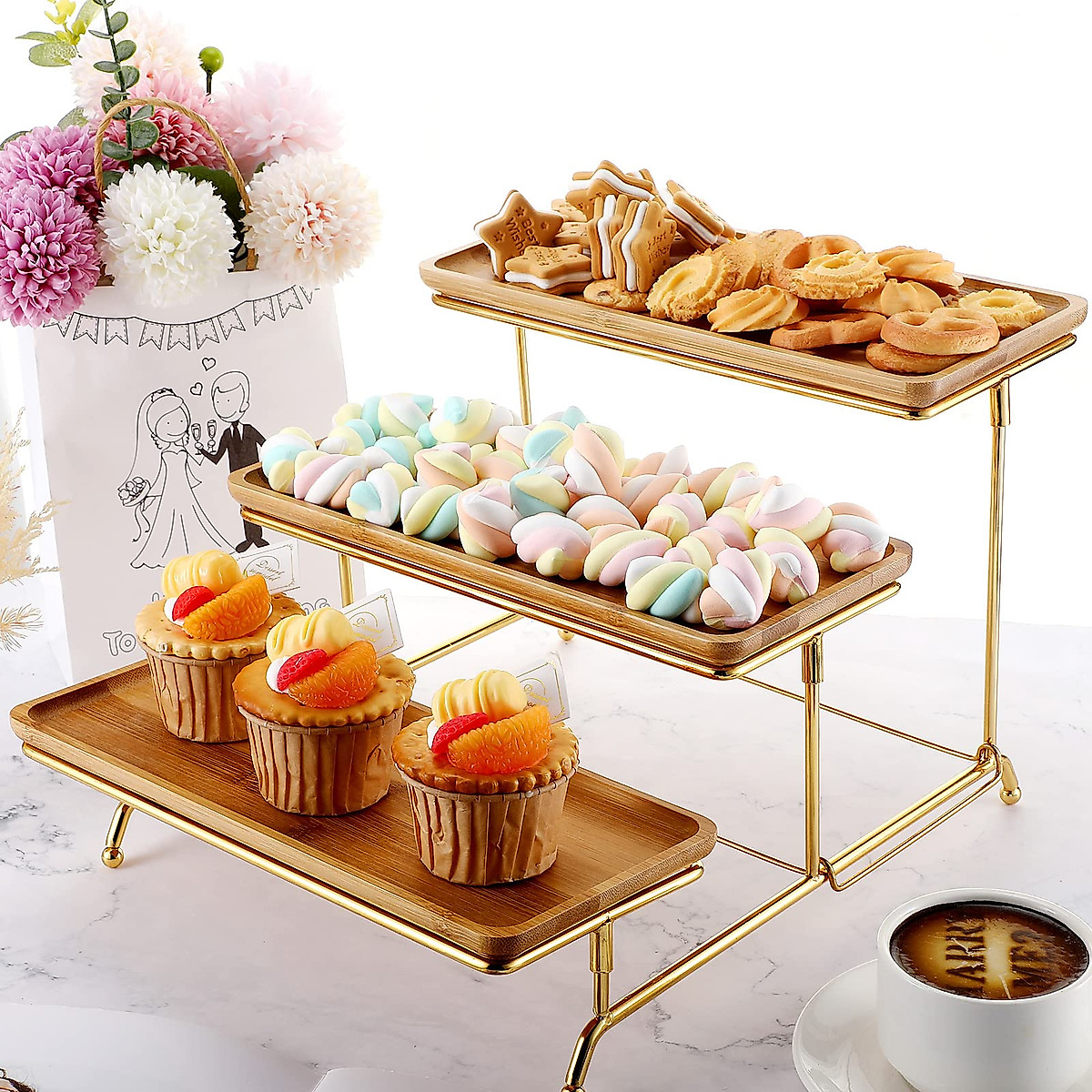 Thyle 2 Pcs 3 Tier Serving Trays Stand Rectangle Bamboo Tiered Serving Platters Dessert Table Display Set with 4 Pcs Tongs Trays with Metal Rack for Easter Wedding Party Food Cupcake(Gold)