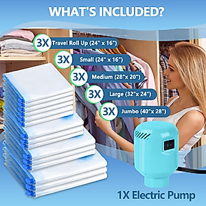 15 Pack Vacuum Storage Bags with Electric Air Pump, (3 Jumbo/ 3 Large/ 3 Medium/ 3 Small/ 3 Roll) Space Saver Storage Vacuum Sealed Bags for Clothing, Bedding, Comforters, Blankets, Travel