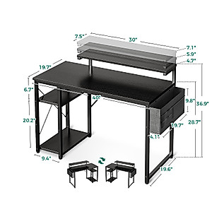 KKL 40 inch Small Computer Desk with Adjustable Monitor Stand, Home Office Desk & Workstation with Storage Shelves, Reversible Work Writing Study Table for Bedroom, Black