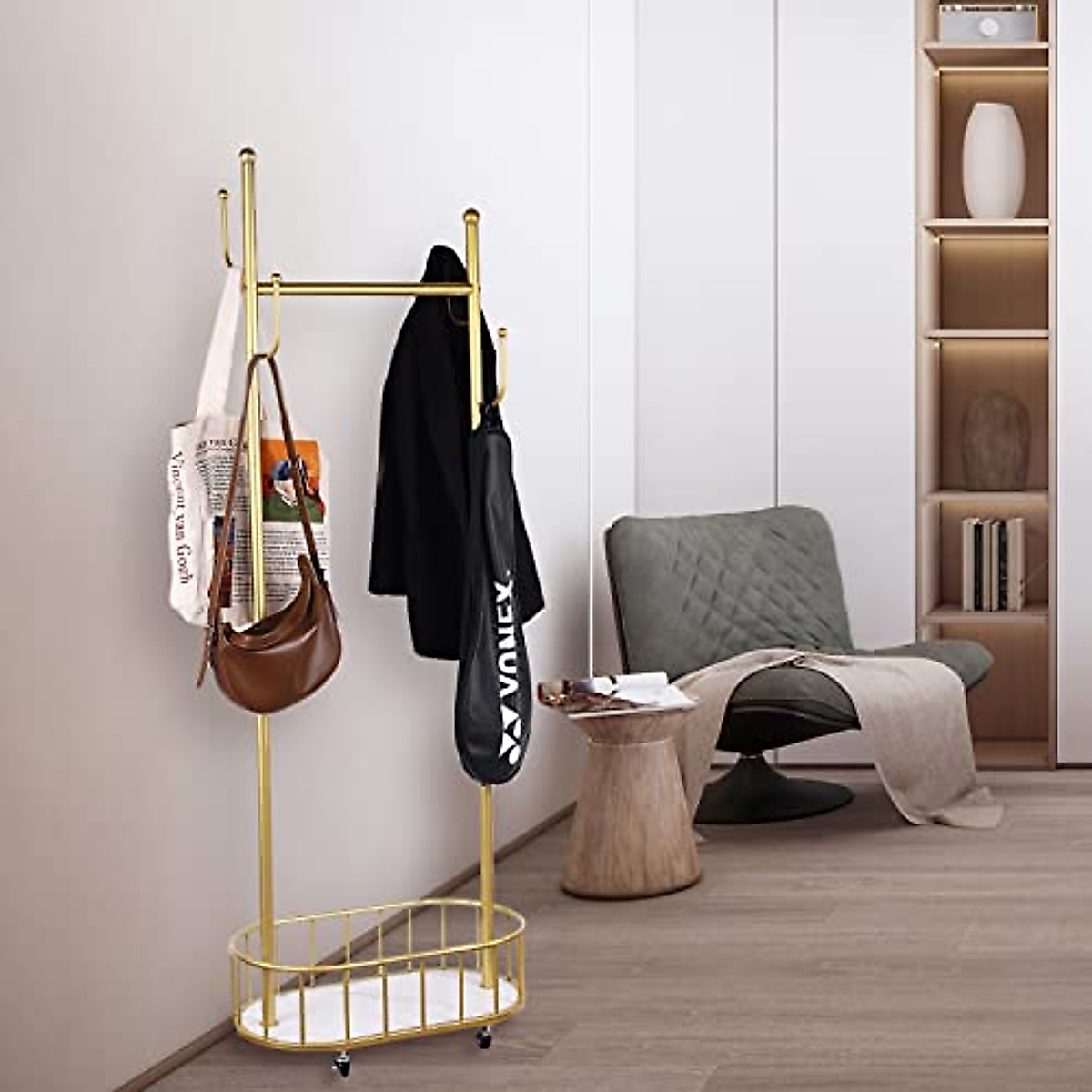 ZHANYUN Gold Metal Garment Rack, Clothes Racks on Wheels, Rolling Clothing Rack with A Hanging Rod and Bottom Storage Basket Shelves (Gold)