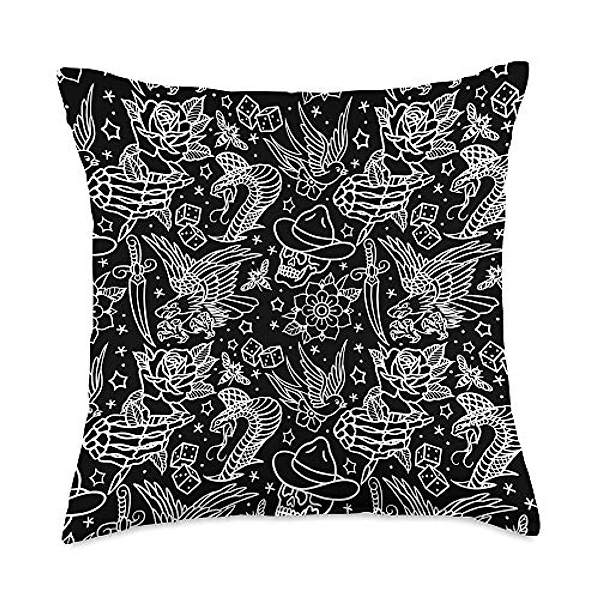 Seven Relics American Traditional Tattoo Art Pattern Throw Pillow, 18x18, Multicolor