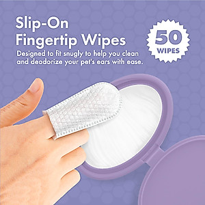 Petkin Fingertip Ear Wipes for Dogs and Cats, 50 Finger Wipes - Slip-On, Snug Fit, Micro-Bristle Fabric - Cleans Ears, Dirt, Odor and Wax - Convenient, Ideal for Home and Travel - Fresh Scent