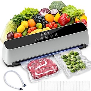 Vacuum Sealer, 80 Kpa One-Touch Full Automatic Vacuum Sealer with LED Touch Screen Indicator Lights, 15 Seal Bags & 1 Air Suction Hose, Air Sealing System for Food Storage Dry/Moist Modes