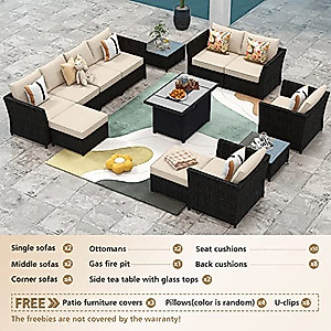 XIZZI Patio Furniture Set Outdoor Sectional Sofa with 42" 50000BTU Gas Propane Fire Pit Table 13 Pieces PE Wicker Rattan Patio Conversation Sets with 4 Pillows and Furniture Covers,Fire Pit/Beige