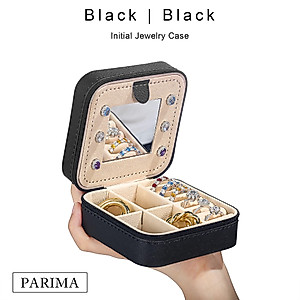 Parima Jewelry Box, Small Travel Organizer for Necklaces, Earrings, Rings, Bracelet, Initial M-Black