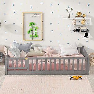 LLS Twin Floor Bed for Children, Durable Montessori Floor Bed with Wood Slats, Safety Fence & Small Door for Girls Boys, Gray (with Bed Slats)