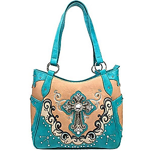 Zelris Western Silver Cross Turquoise Conceal Carry Women Tote Purse Wallet Set (Tan)