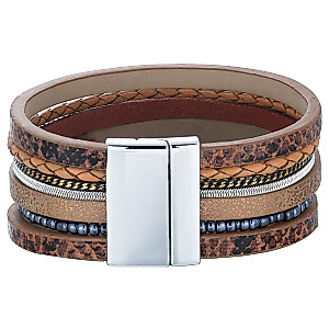 AZORA Turquoise Stone Leather Wrap Bracelet Feather Cuff Bracelets Bohemian Woven Bracelet for Women Gift Brown