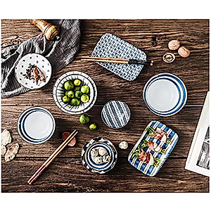 Caalio Japanese Cuisin Dinnerware 6pc Set for 1, Asian Food Sushi Plates Miso Soup Bowl and Chopsticks with Gift Box, OCEAN