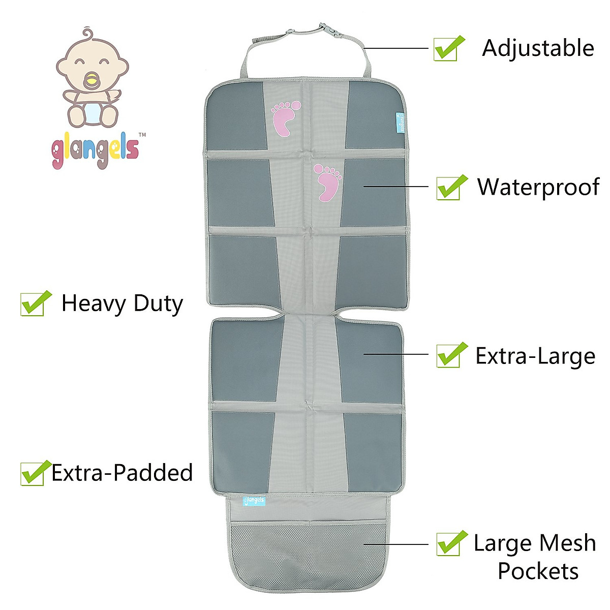 Glangels Child Car Seat Protector- Enhanced Padded Booster Seat Cover for Vehicles-Waterproof Seat Protectant for Baby or Toddler-Extra Large Storage Pocket-Prevents Dirt and Damage (Grey)