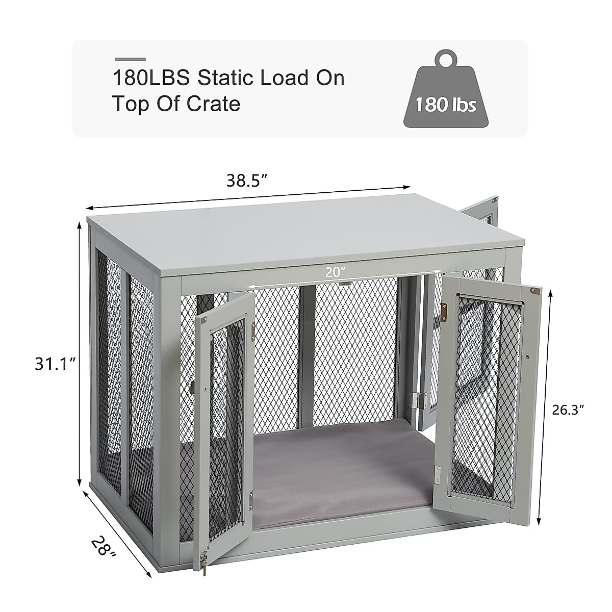 IDEE Furniture Style Dog House Dog Crate with Double Doors, Cushion and Tray, Wooden End Table Indoor Pet Bed for Large Dogs (Large, Gray)