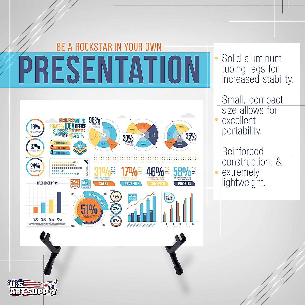 U.S. Art Supply 14" High Exhibitor Black Steel Tabletop Instant Display Easel - Small Portable Tripod Stand, Adjustable Holders - Display Paintings, Framed Pictures, Event Signs, Posters, Holds 5 lbs