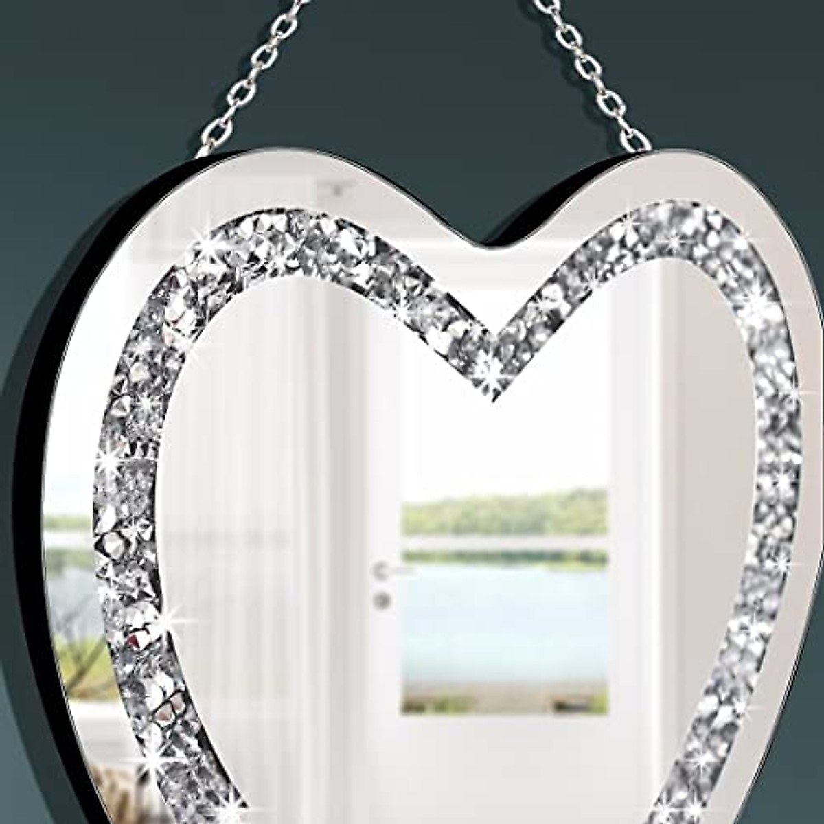 DMDFIRST Crystal Crush Diamond Heart Shaped Silver Mirror with Silver Stainless Steel Chain for Wall Decoration 12x12x0.5 inch Wall Hang Frameless Mirror Glass Diamond Decor Glam Mirror