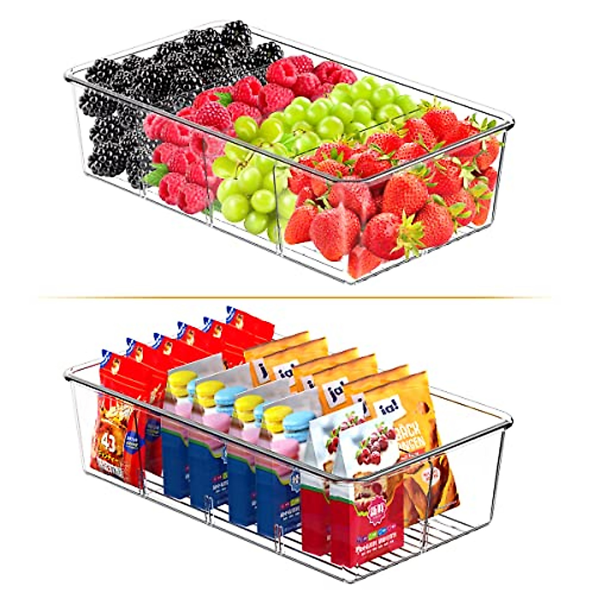 6 Pack Food Storage Organizer Bins, Clear Plastic Pantry Organizer with Removable Dividers, Pantry Organization and Storage, Fridge Organizer, Cabinet Organizers, for Packets, Snacks, Spice Packets