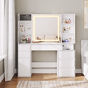 Makeup Vanity Desk with Mirror and Lights, White Makeup Vanity Table with 7 Drawers and 3 Cabinets, Makeup Desk with Charging Station, Dressing Table for Bedroom