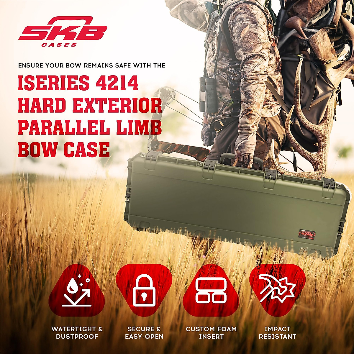 SKB iSeries Green Military Grade Designed Hard Case for Single Bow and Arrow with Grip Handles, Wheels, and Trigger Release Latches, Green
