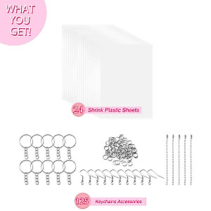 Warckon 149 Pieces Shrink Plastic Sheet Kit Include 24 PCS Shrinky Art Paper with 125 PCS Keychains Accessories for Kids Creative Craft