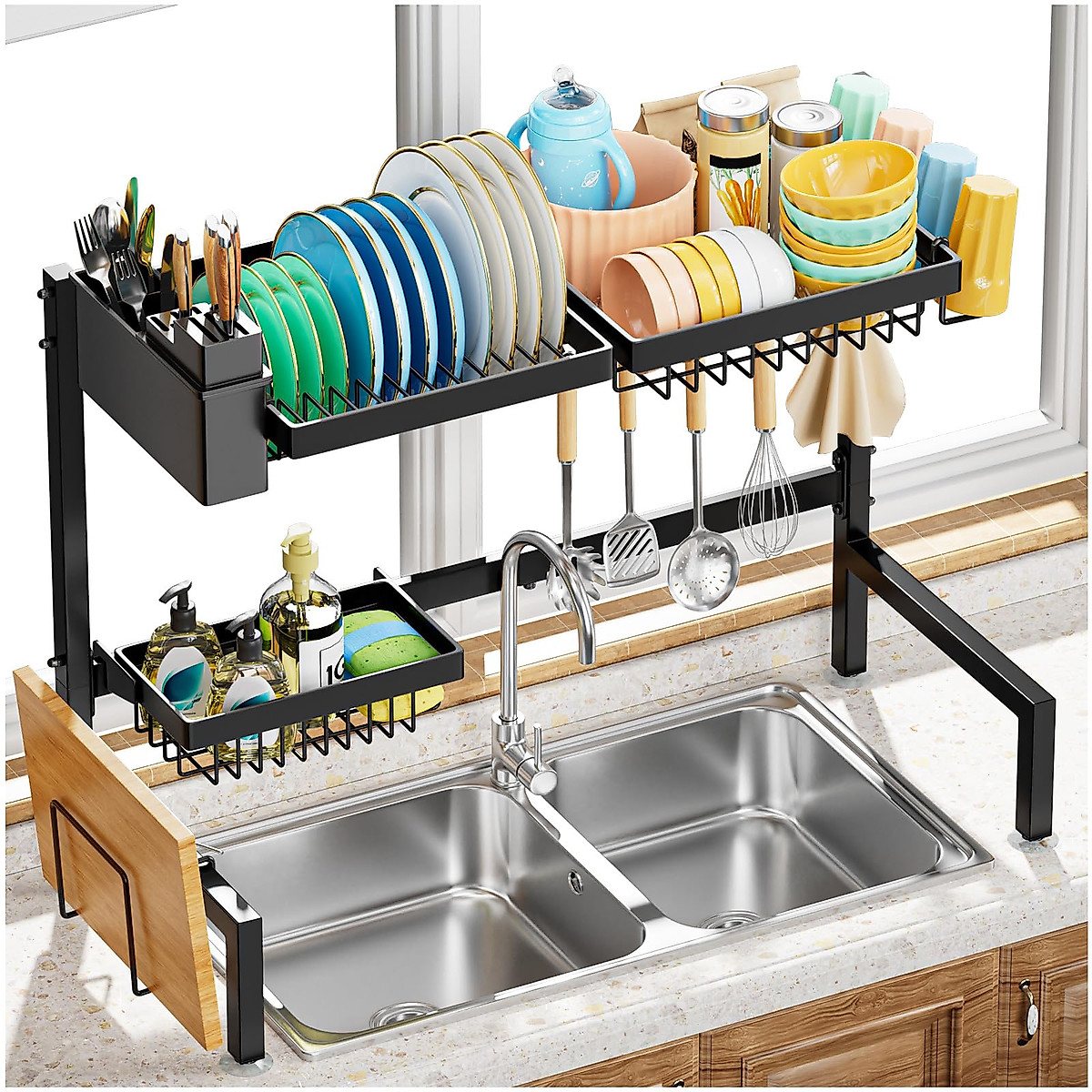 YKLSLH 2 Tiers of Retractable Large Over The Sink Dish Drying Rack with 3 Baskets, for All Sinks (22.8"-39.4"),Adjustable Large Capacity Sink Rack, Iron Drain Rack to Save Space（2 Tiers-3 Baskets）