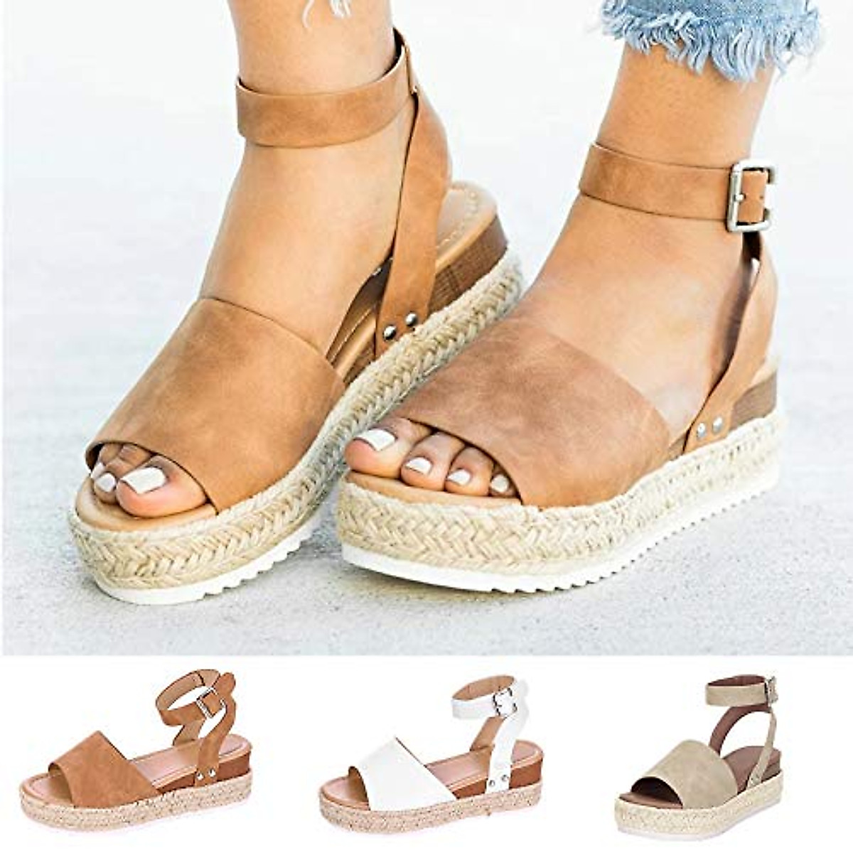 HMing Women's Wedge Sandals Summer Platform Ankle Strap Studded Open Toe Espadrille Wedge Casual Sandals