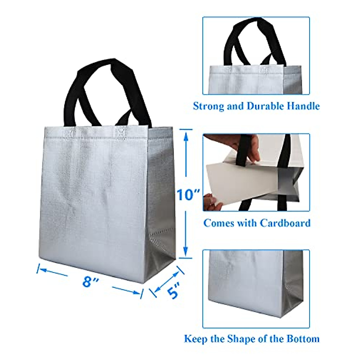 HUANN 6 Pcs Silver Gift Bags Medium Size Shine Reusable Gift Bags with Handles Metallic Glossy Non Woven Gift Bags for Wedding Christmas Party Birthday 8 x 5 x 10 Inch