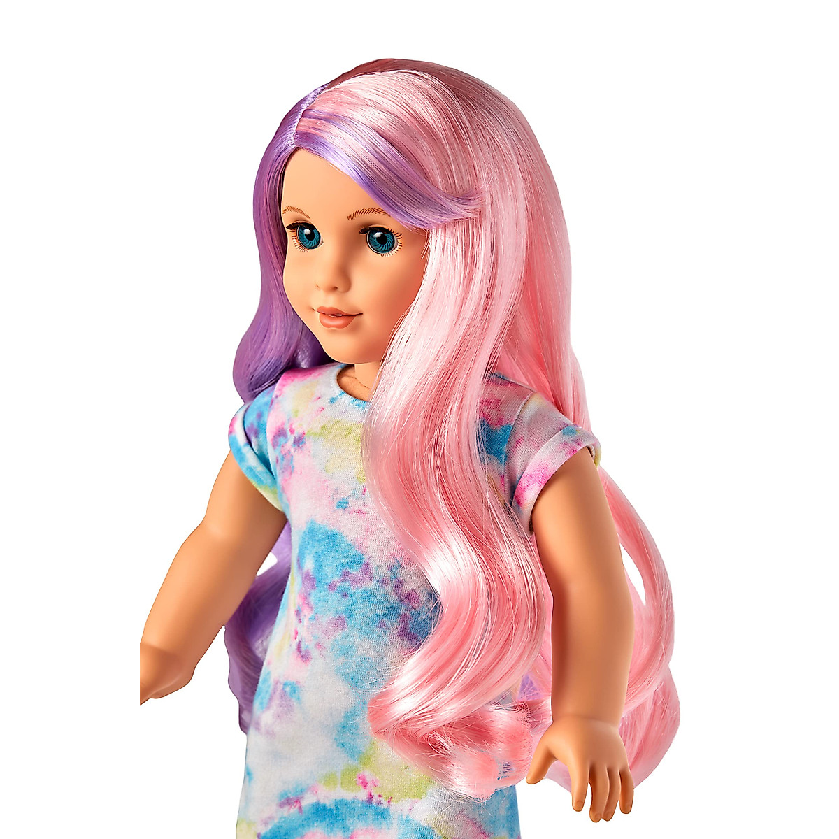 American Girl Truly Me 18-inch Doll #116 with Blue Eyes, Purple-and-Pink Hair, Light Skin, Tie Dye T-shirt Dress, For Ages 6+