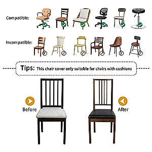 NIBESSER Waterproof Chair Seat Covers Set of 6, PU Leather Dining Chair Seat Covers, Stretch Chair Cover for Dining Room Chairs, Removable Kitchen Seat Cushion Slipcovers Protector (Black)