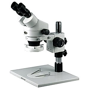 AmScope SM-1BZ-FRL Professional Binocular Stereo Zoom Microscope, WH10x Eyepieces, 3.5x-90x Magnification, 0.7X-4.5X Zoom Objective, Fluorescent Ring Light, Large Table Pillar Stand, 110V-240V, Includes 0.5x and 2.0x Barlow Lenses