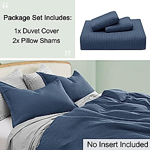 PHF Waffle Duvet Cover Queen Size, Ultra Soft Cotton Blend Comforter Cover Set, Comfy Breathable and Decorative Duver Cover Set with Pillow Shams Bedding Collection, 90"x90", Navy Blue